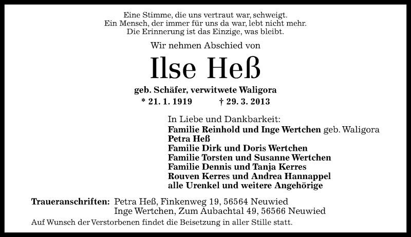 Traueranzeigen von Ilse Heß | rz-trauer.de