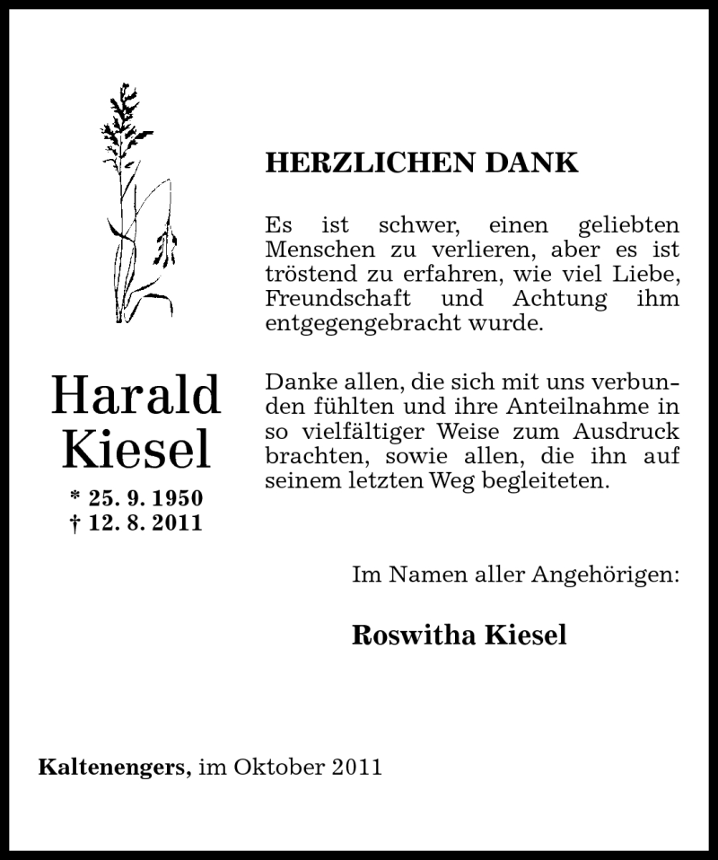 Traueranzeigen von Harald Kiesel | rz-trauer.de