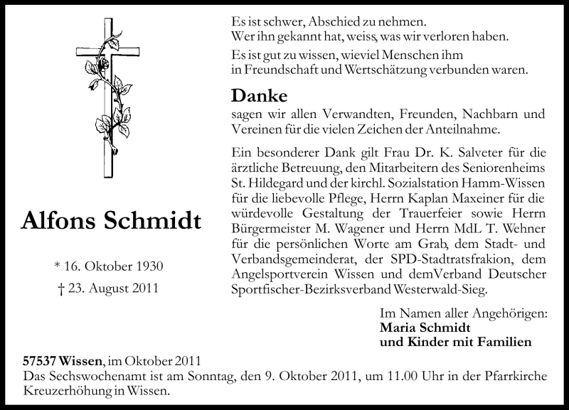 Traueranzeigen von Alfons Schmidt | rz-trauer.de
