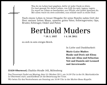 Traueranzeigen von Berthold Muders | rz-trauer.de