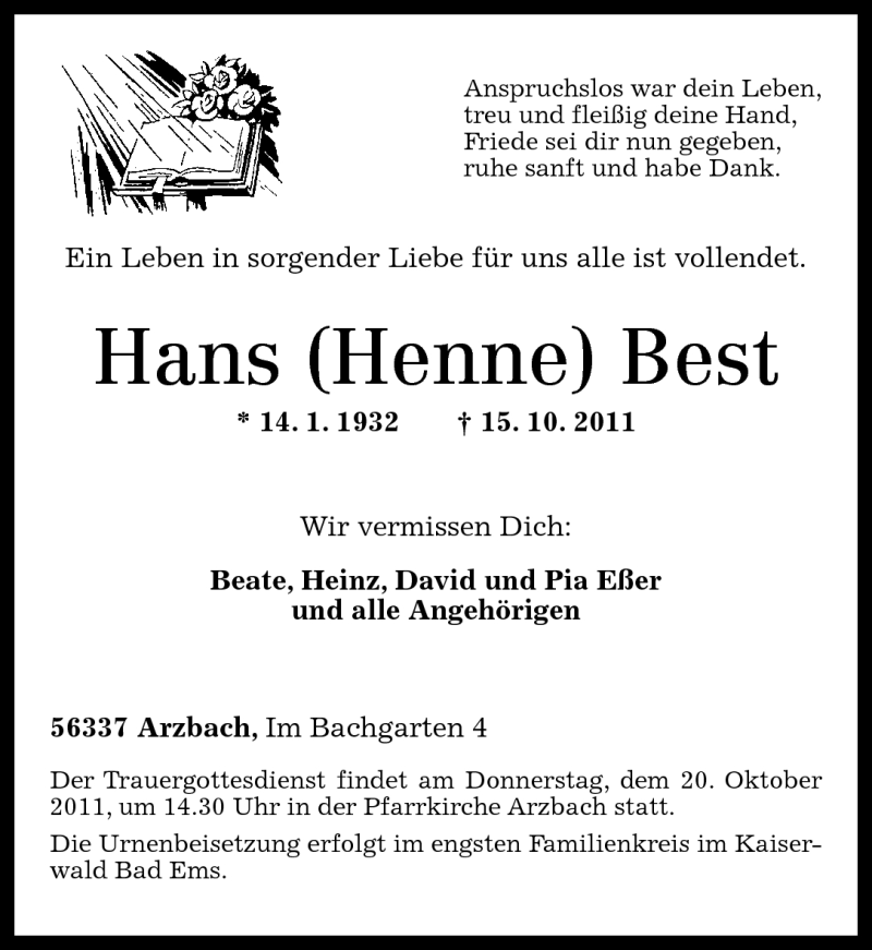 Traueranzeigen von Hans Best | rz-trauer.de