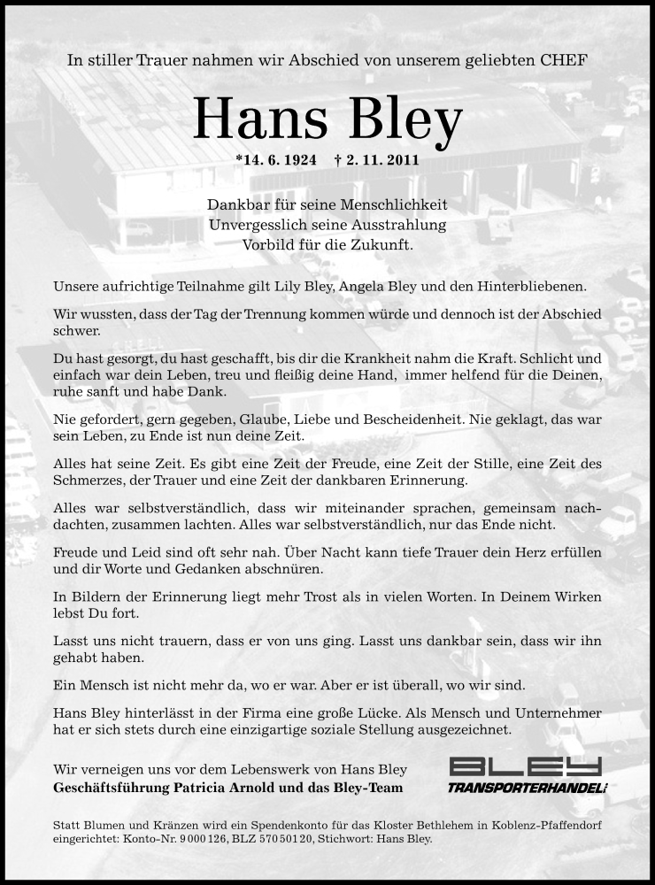 Traueranzeigen von Hans Bley | rz-trauer.de