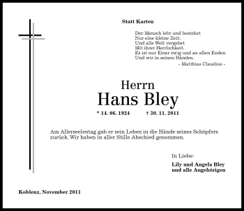 Traueranzeigen von Hans Bley | rz-trauer.de
