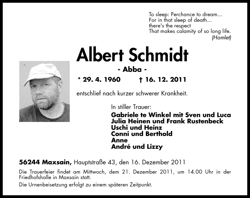 Traueranzeigen von Albert Schmidt | rz-trauer.de