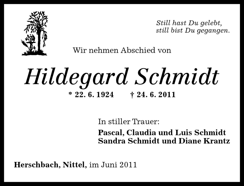 Traueranzeigen von Hildegard Schmidt | rz-trauer.de