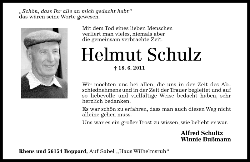 Traueranzeigen von Helmut Schulz | rz-trauer.de