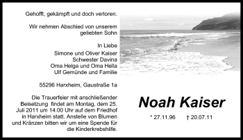 Traueranzeigen von Noah Kaiser | rz-trauer.de