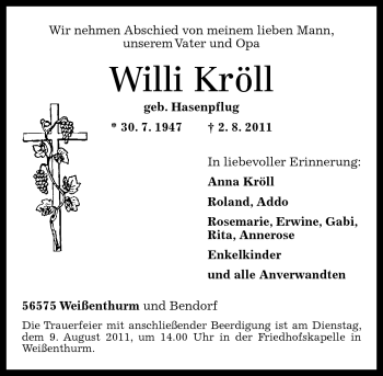Traueranzeigen von Willi Kröll | rz-trauer.de