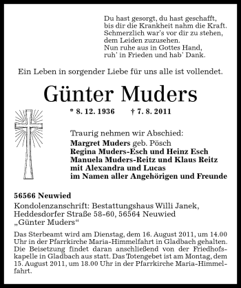 Traueranzeigen von Günter Muders | rz-trauer.de