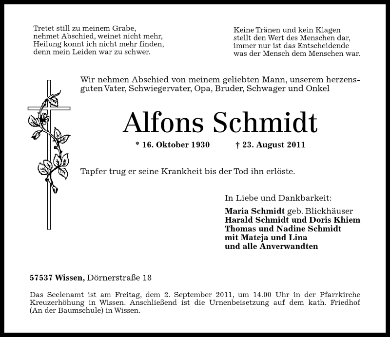Traueranzeigen von Alfons Schmidt | rz-trauer.de