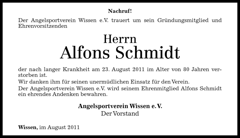 Traueranzeigen von Alfons Schmidt | rz-trauer.de