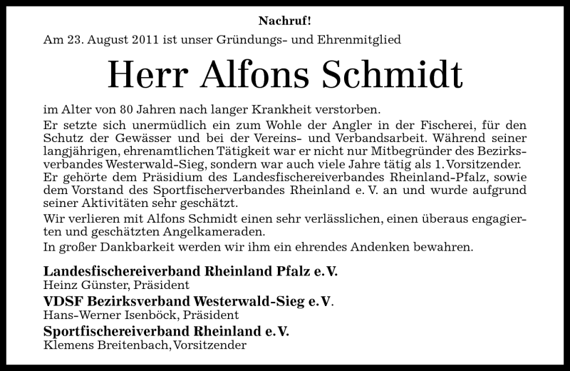 Traueranzeigen von Alfons Schmidt | rz-trauer.de
