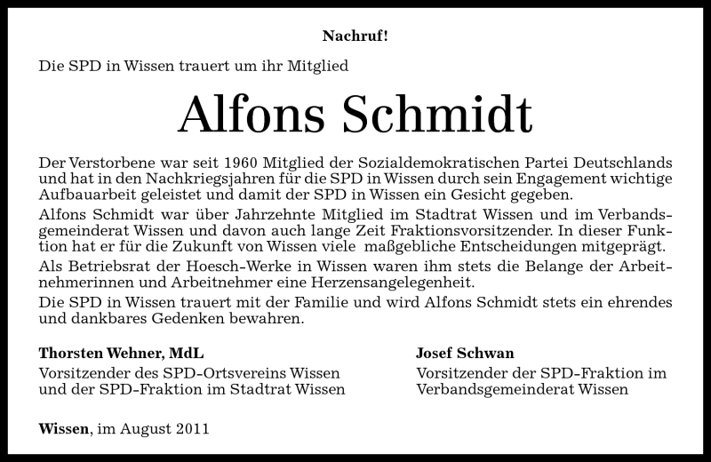 Traueranzeigen von Alfons Schmidt | rz-trauer.de