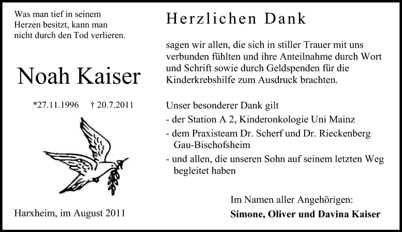 Traueranzeigen von Noah Kaiser | rz-trauer.de