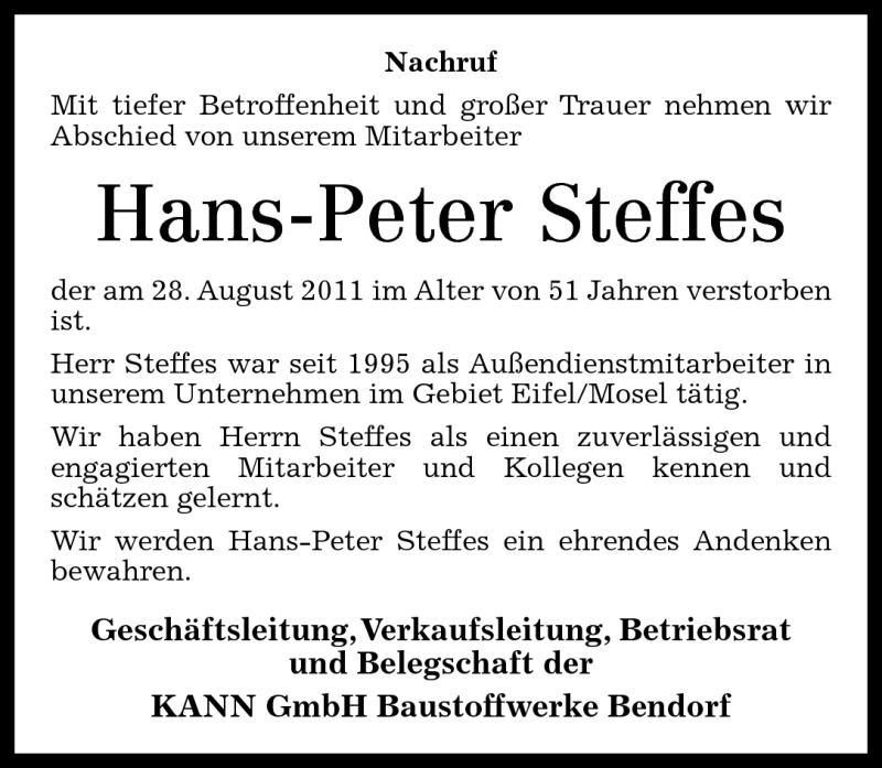 Traueranzeigen von Hans-Peter Steffes | rz-trauer.de