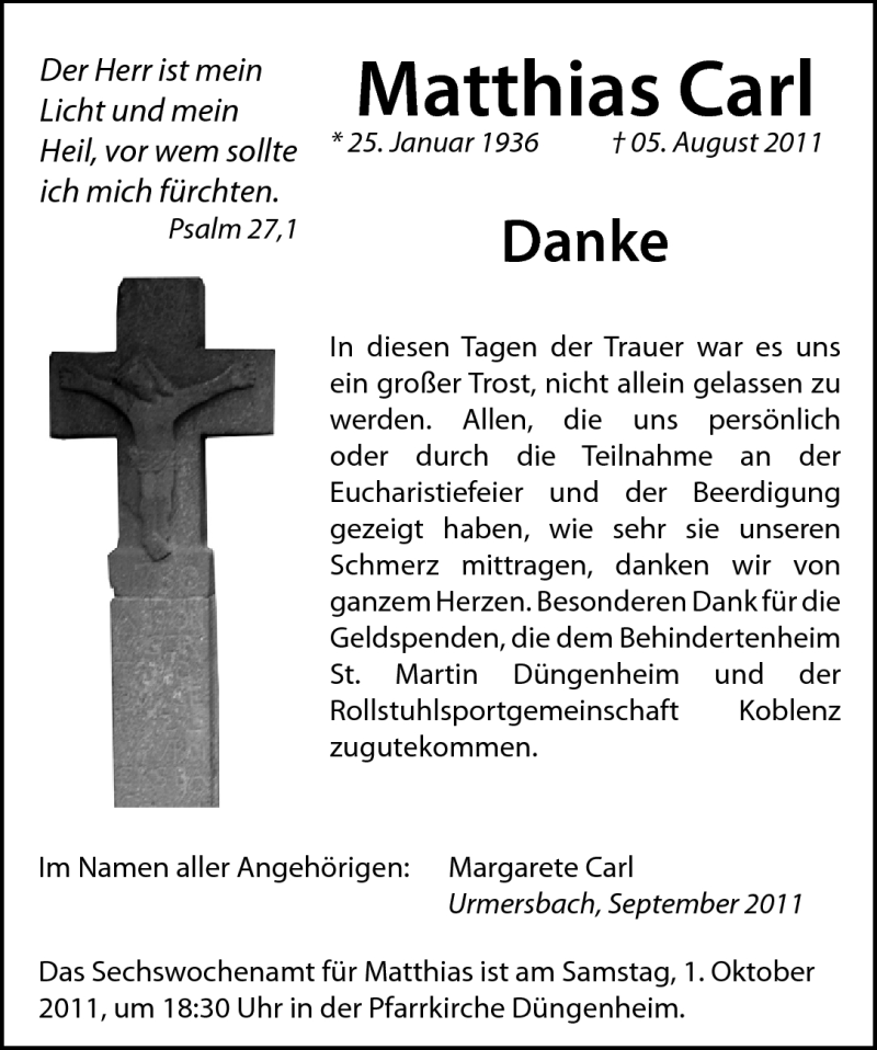 Traueranzeigen von Matthias Carl | rz-trauer.de