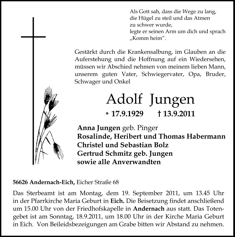 Traueranzeigen von Adolf Jungen | rz-trauer.de