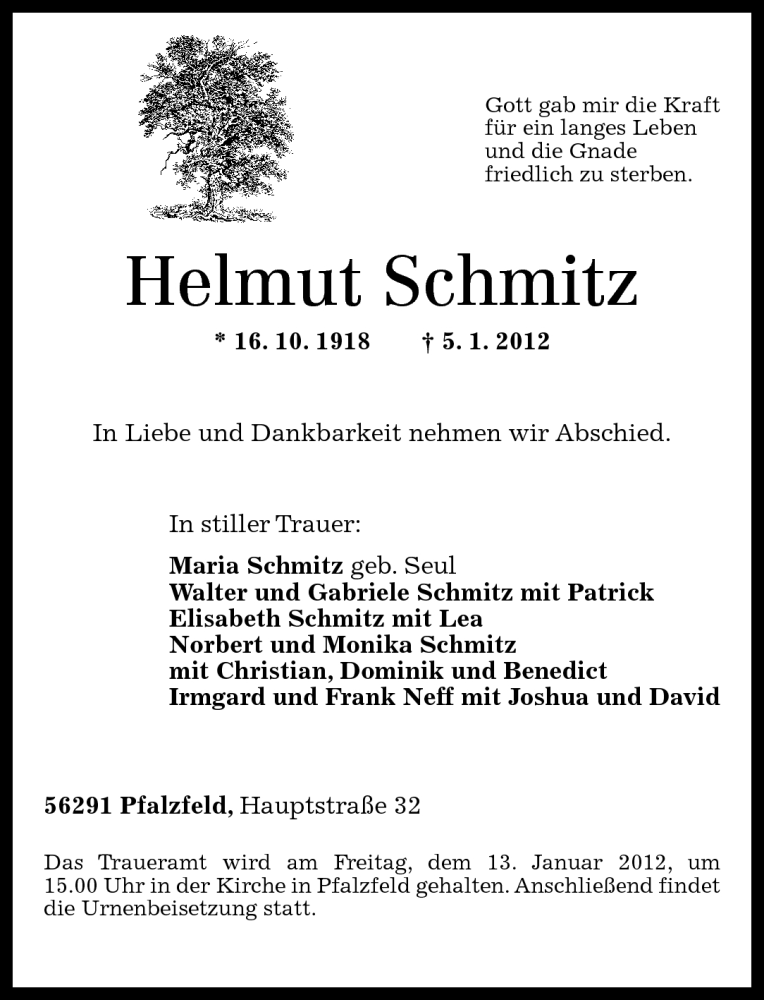 Traueranzeigen von Helmut Schmitz | rz-trauer.de