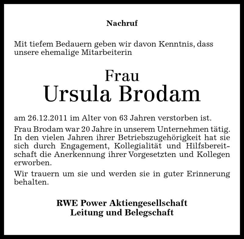 Traueranzeigen von Ursula Brodam | rz-trauer.de