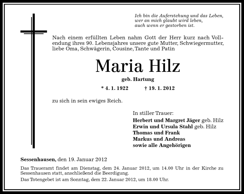 Traueranzeigen von Maria Hilz | rz-trauer.de