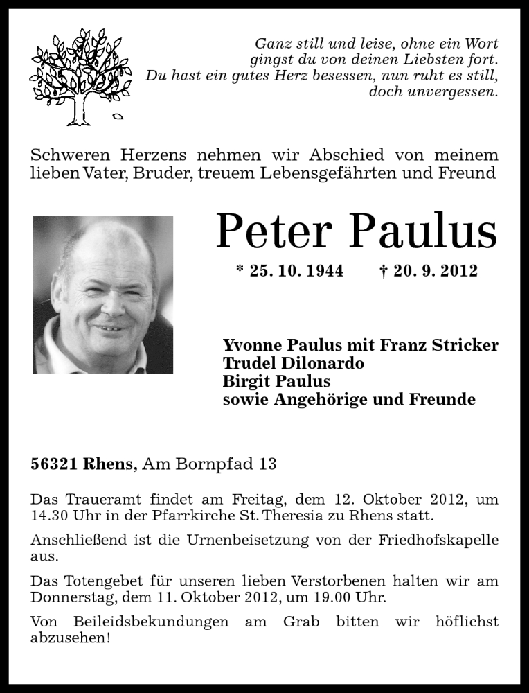 Traueranzeigen von Peter Paulus | rz-trauer.de