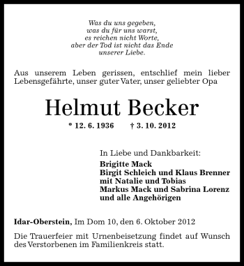 Traueranzeigen von Helmut Becker | rz-trauer.de