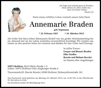 Traueranzeigen von Annemarie Braden | rz-trauer.de