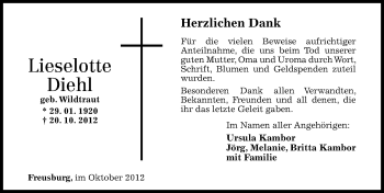 Traueranzeigen von Liselotte Diehl | rz-trauer.de