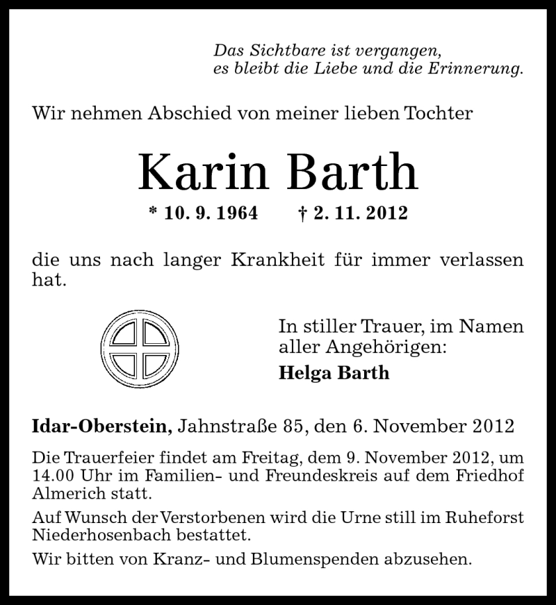 Traueranzeigen von Karin Barth | rz-trauer.de