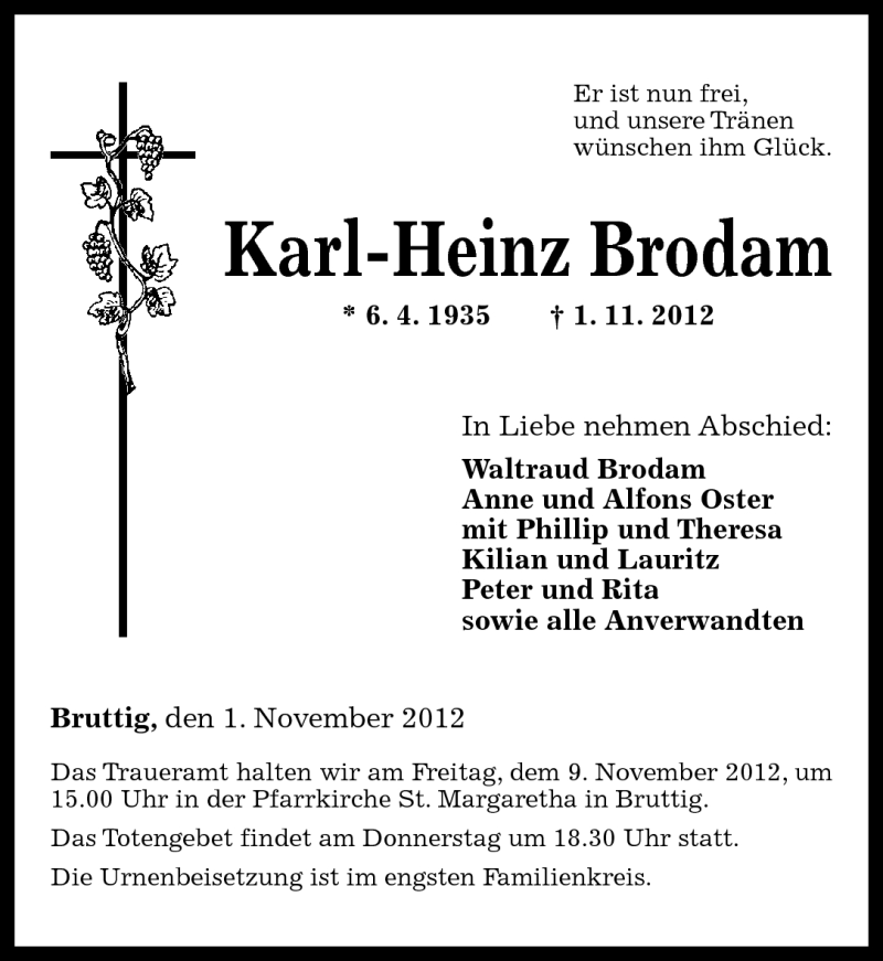 Traueranzeigen von Karl-Heinz Brodam | rz-trauer.de