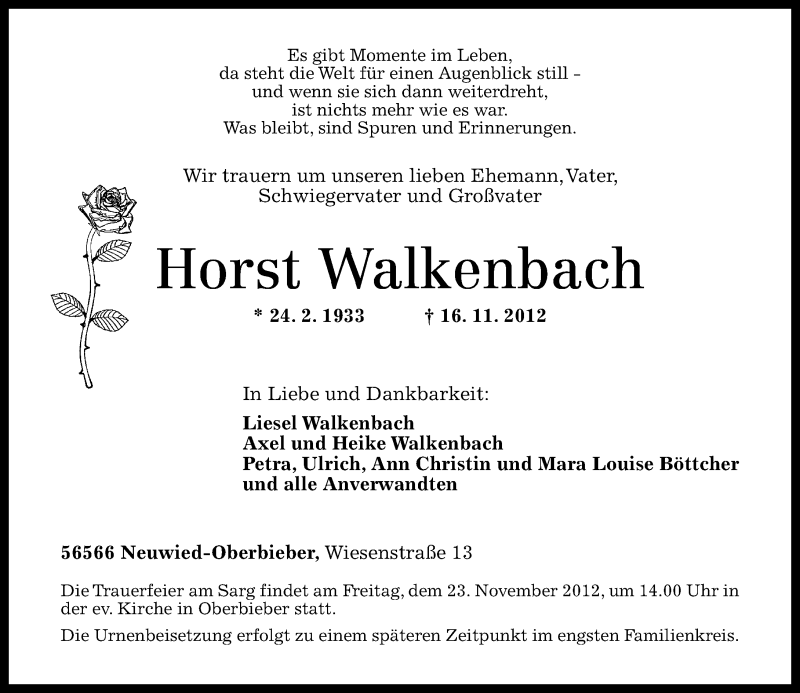 Traueranzeigen von Horst Walkenbach | rz-trauer.de