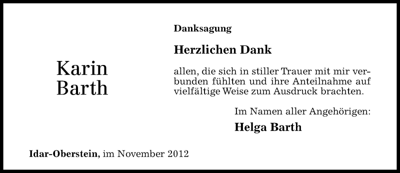 Traueranzeigen von Karin Barth | rz-trauer.de