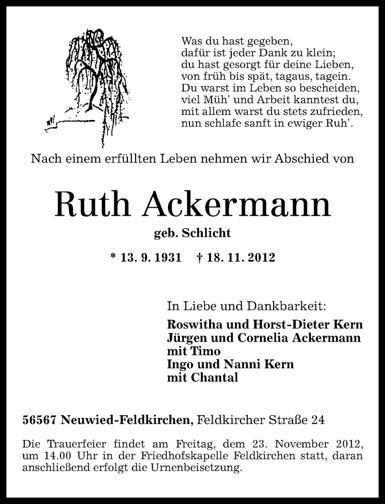 Traueranzeigen von Ruth Ackermann | rz-trauer.de