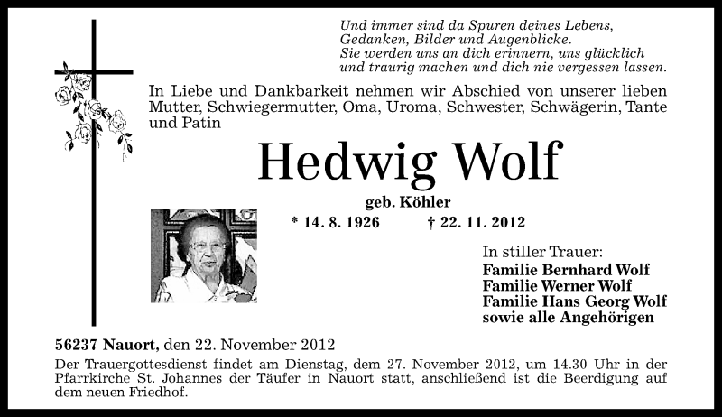 Traueranzeigen von Hedwig Wolf | rz-trauer.de
