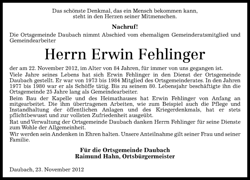 Traueranzeigen von Erwin Fehlinger | rz-trauer.de