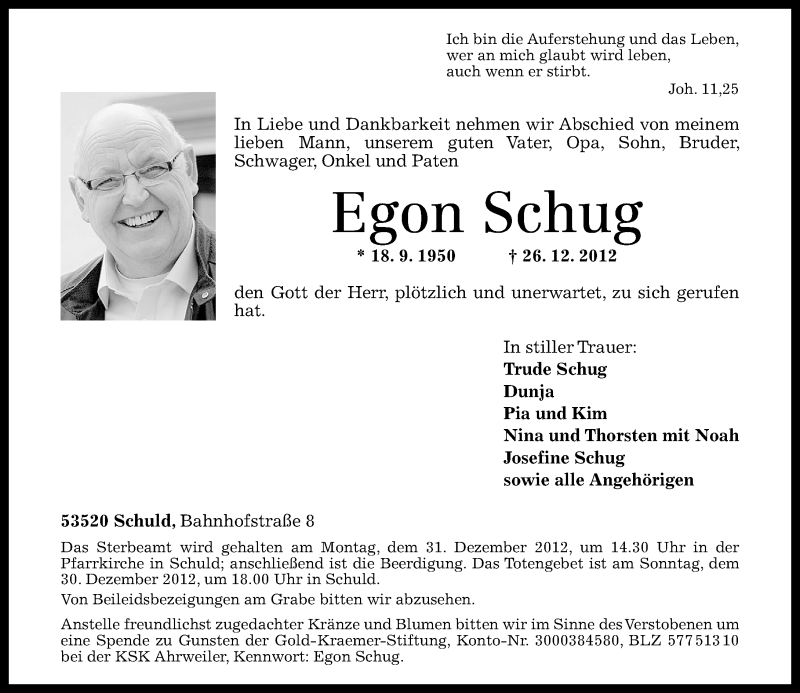 Traueranzeigen von Egon Schug | rz-trauer.de