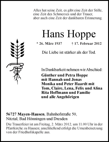 Traueranzeigen von Hans Hoppe | rz-trauer.de