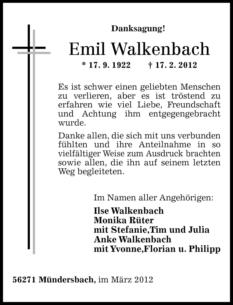 Traueranzeigen von Emil Walkenbach | rz-trauer.de