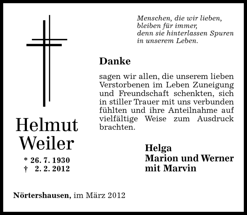 Traueranzeigen von Helmut Weiler | rz-trauer.de