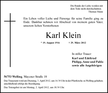 Traueranzeigen von Karl Klein | rz-trauer.de