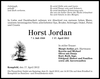 Traueranzeigen von Horst Jordan | rz-trauer.de