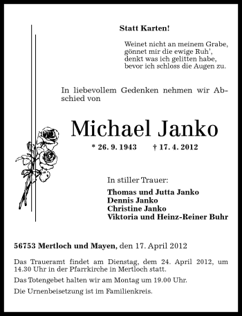 Traueranzeigen von Michael Janko | rz-trauer.de