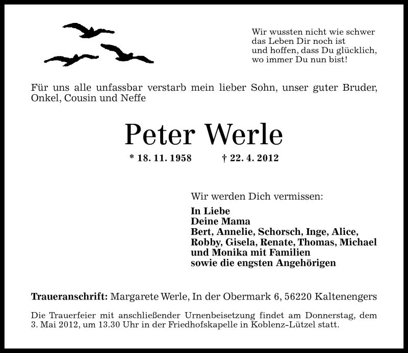 Traueranzeigen von Peter Werle | rz-trauer.de