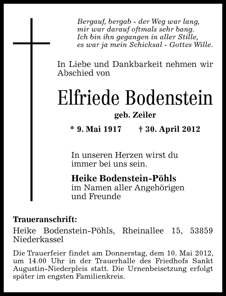 Traueranzeigen von Elfriede Bodenstein | rz-trauer.de