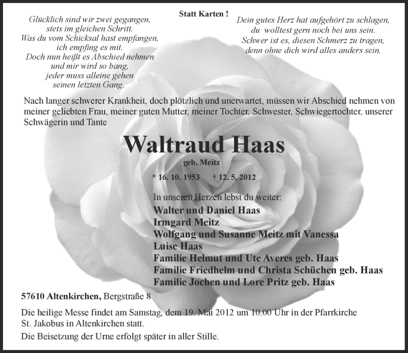 Traueranzeigen von Waltraud Haas | rz-trauer.de