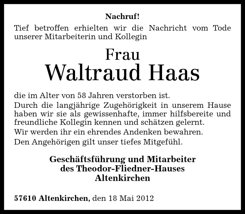 Traueranzeigen von Waltraud Haas | rz-trauer.de