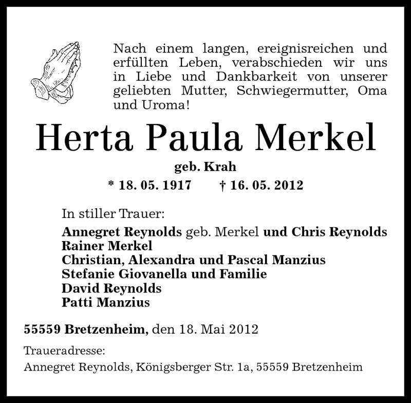 Traueranzeigen von Herta Paula Merkel | rz-trauer.de