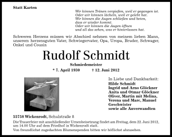 Traueranzeigen von Rudolf Schmidt | rz-trauer.de