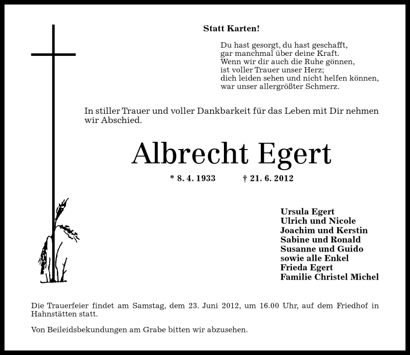 Traueranzeigen von Albrecht Egert | rz-trauer.de