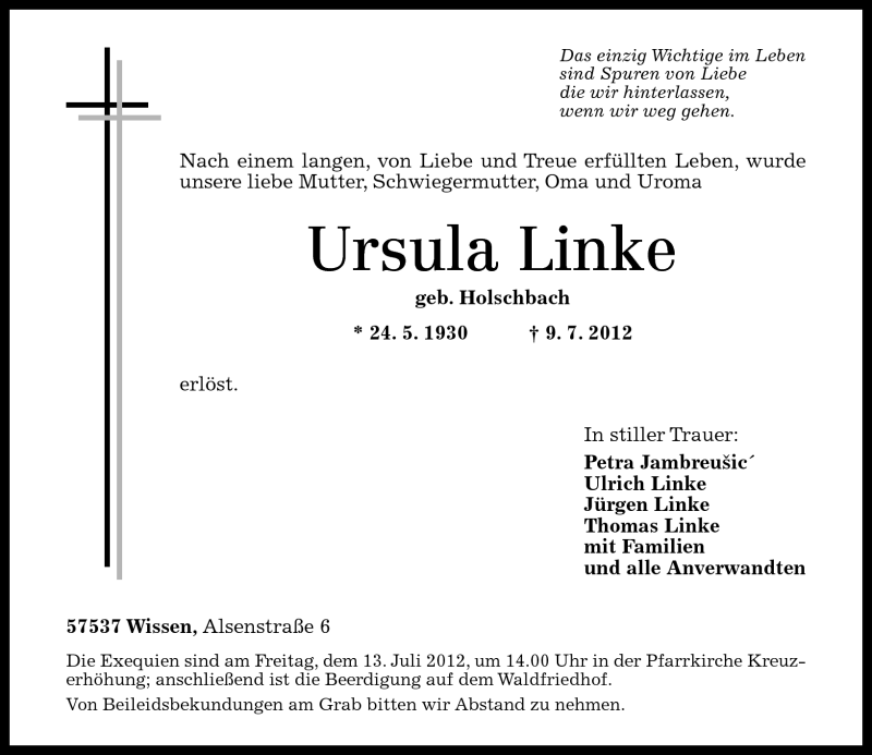 Traueranzeigen von Ursula Linke | rz-trauer.de